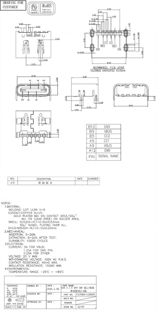 TYPE-C 6P SMD PCB USB3.1 Socket High Current With Insert Pins - Hacktronics